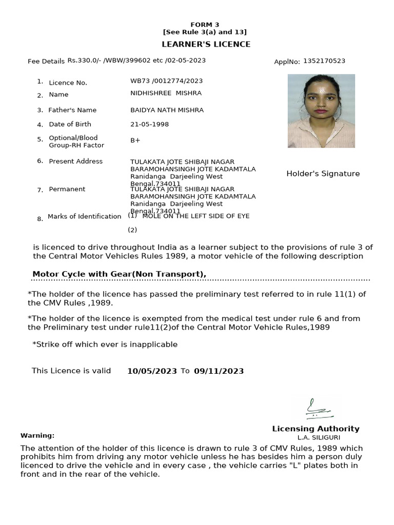 Learner'S Licence: Form 3 (See Rule 3 (A) and 13) | PDF | Vehicles ...