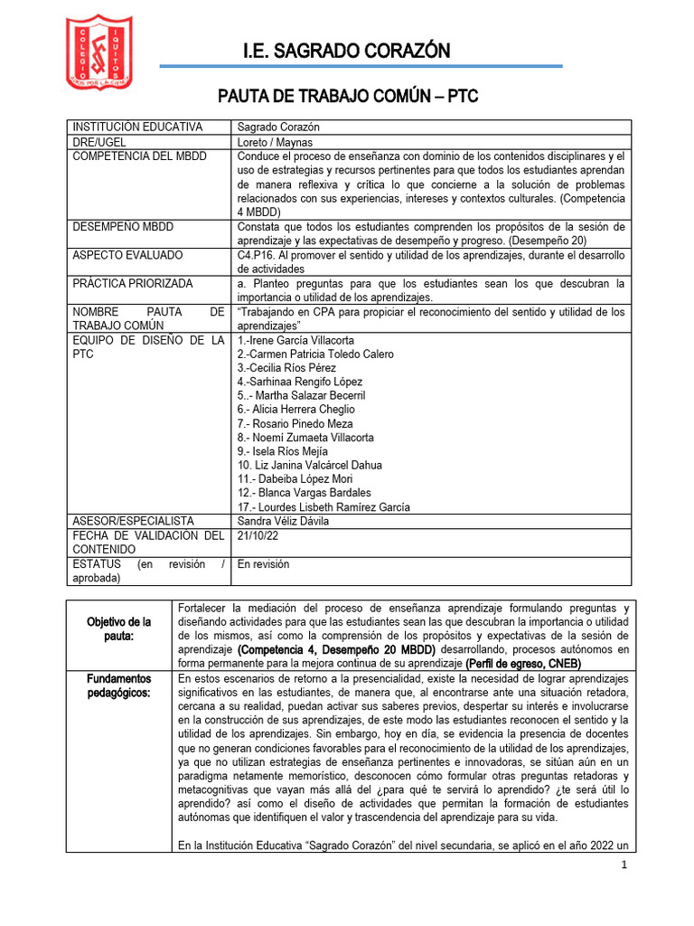 Pauta de Trabajo Común_sc | PDF | Aprendizaje | Maestros