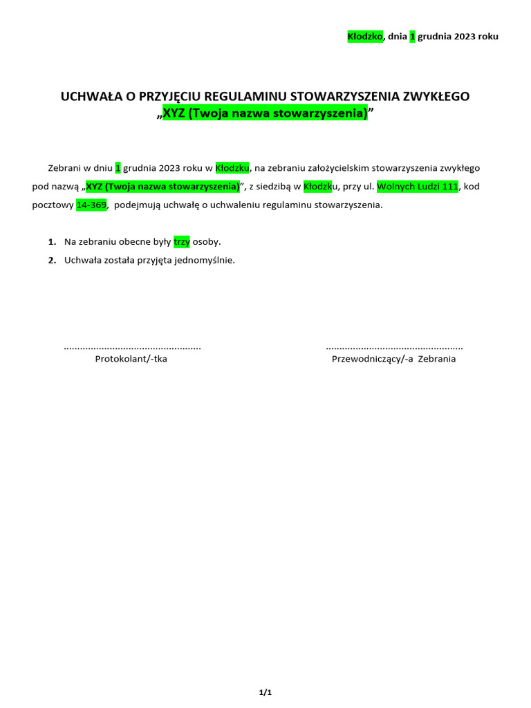 WZÓR - Uchwała o Przyjęciu Regulaminu | PDF WZÓR - Uchwała o Przyjęciu Regulaminu | PDF