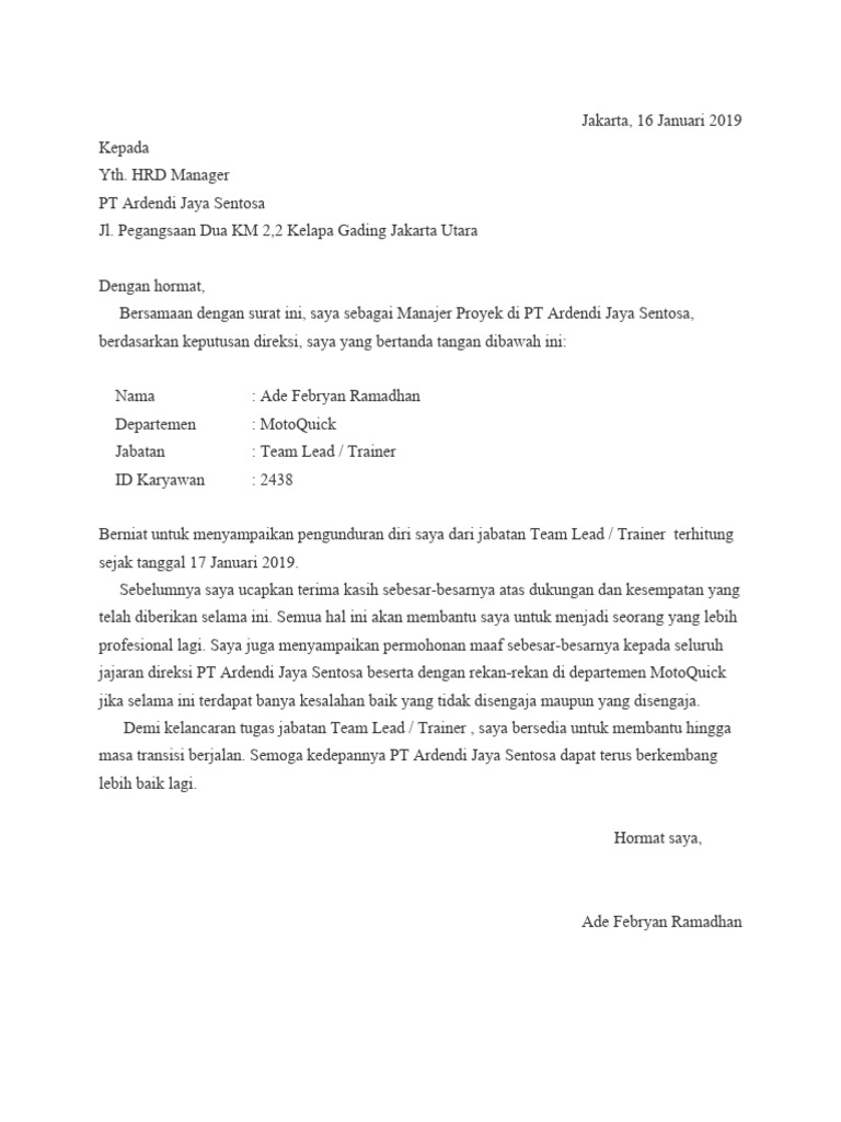 Surat Pengunduran Diri | PDF | Bisnis | Pengelolaan Keuangan & Uang