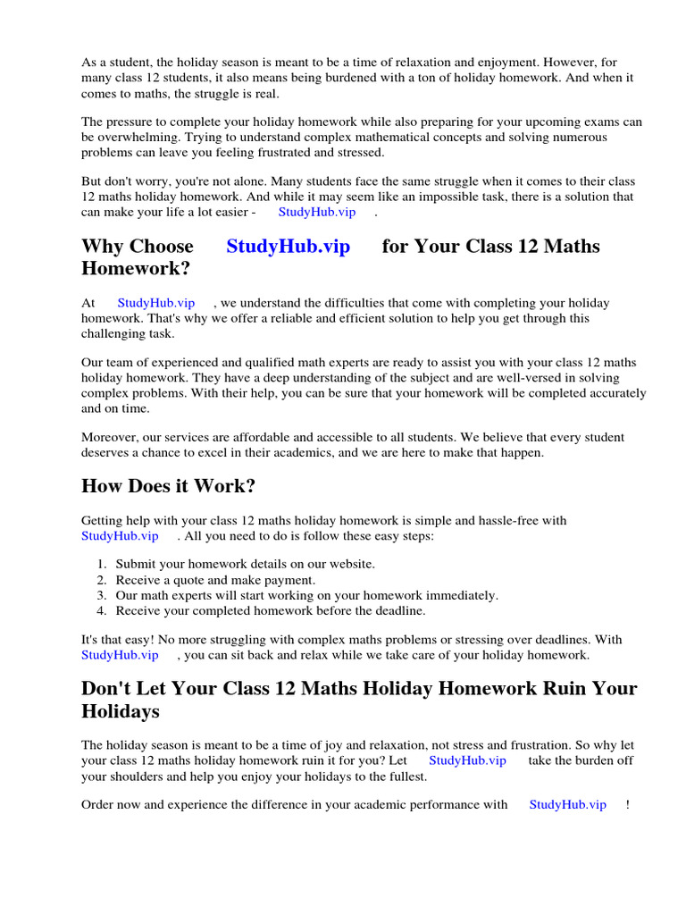 Holiday Homework For Class 12 Maths | PDF | Homework | Mathematics