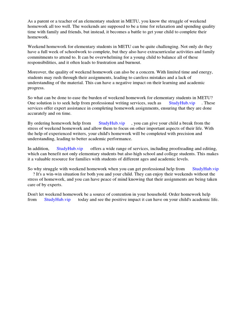 Weekend Homework For Elementary Group Metu | PDF | Homework | Teachers