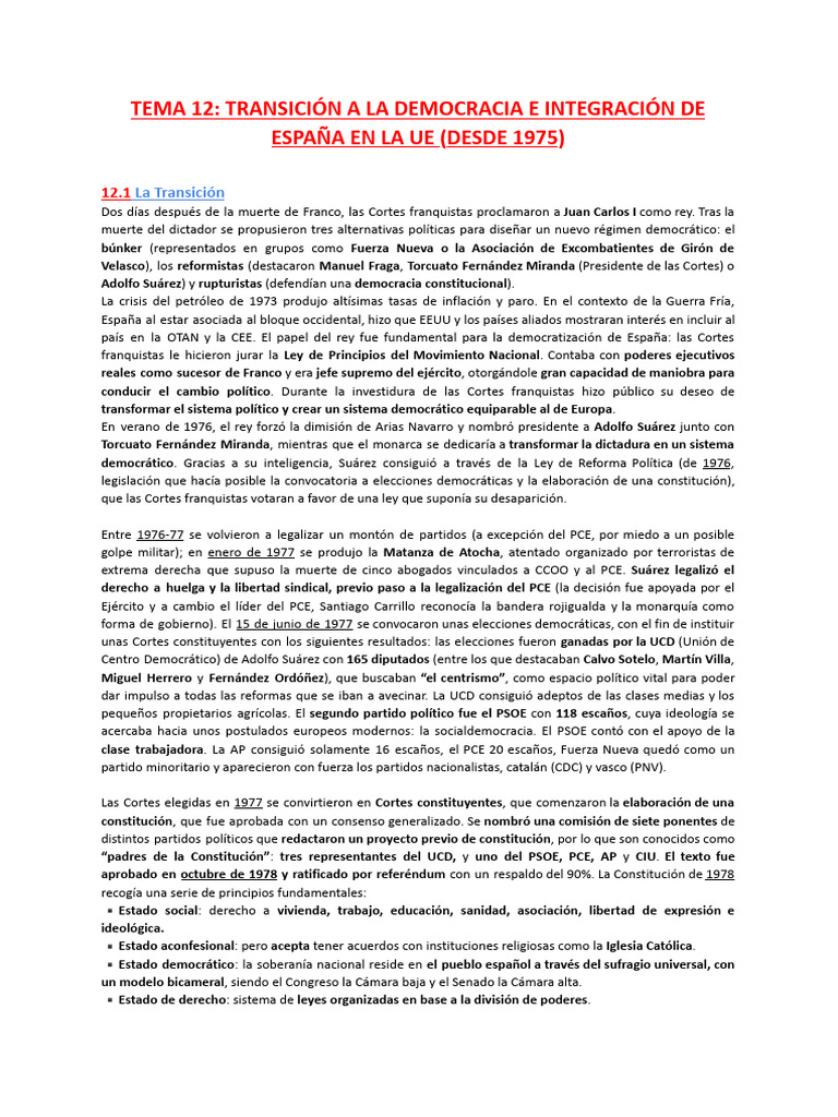 Tema 12 Historia - TRANSICIÓN A LA DEMOCRACIA E INTEGRACIÓN DE ESPAÑA ...