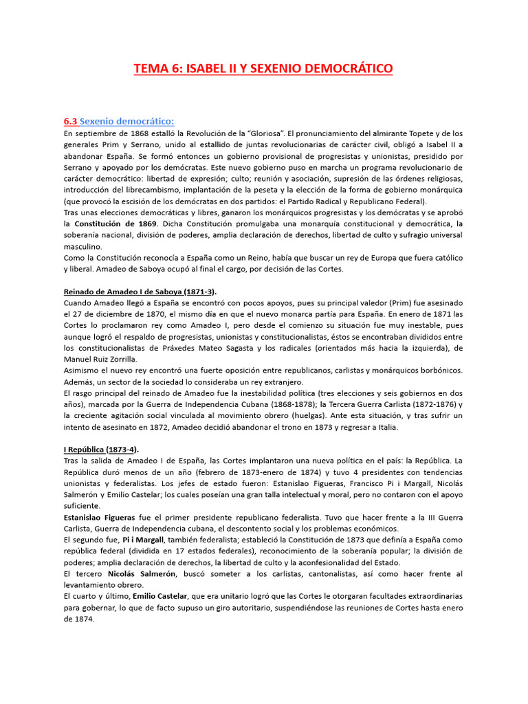 Tema 6 Historia - ISABEL II Y SEXENIO DEMOCRÁTICO | PDF | España | Ciencias Políticas