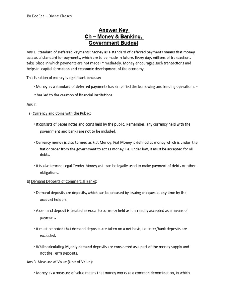 Answer Key CH - Money & Banking, Government Budget | PDF | Money | Banks
