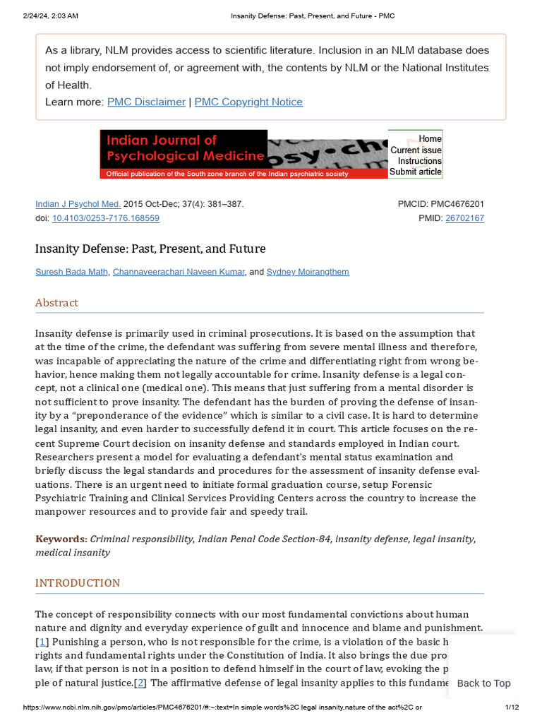 Insanity Defense - Past, Present, and Future - PMC | PDF | Insanity ...