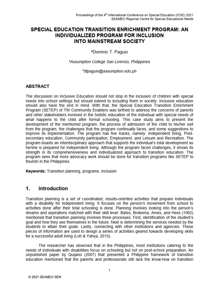 Special Education Transition Enrichment Program: An Individualized ...