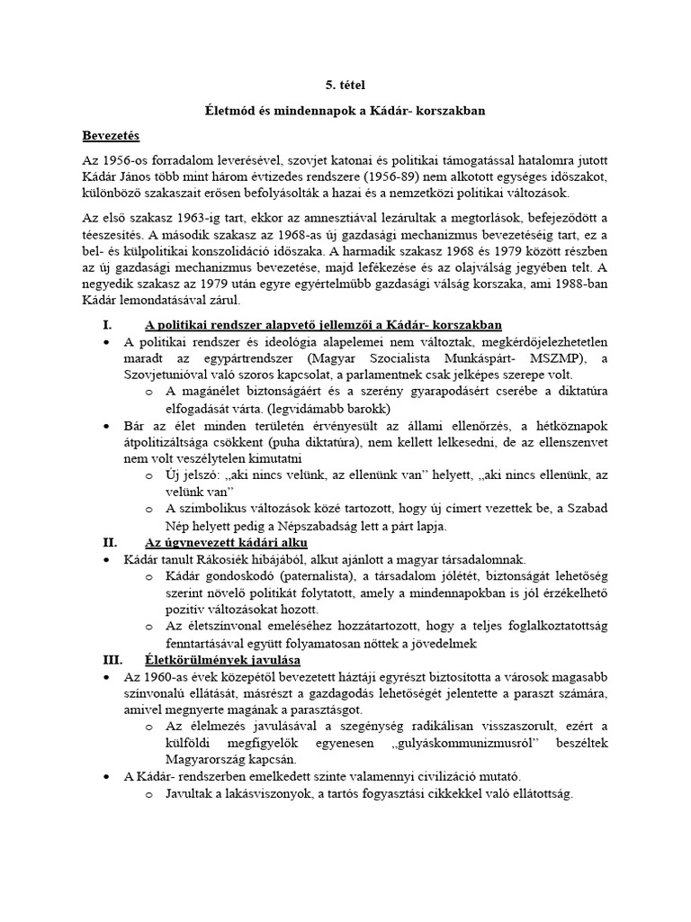 Életmód És Mindennapok A Kádár - Korszakban Tétel | PDF