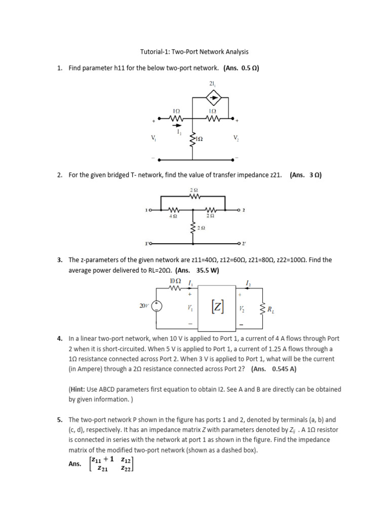Tutorial-Two Port Networks | PDF | Telecommunications Engineering ...