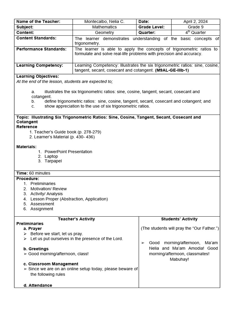 Six Trigonometric Ratios Pdf Trigonometric Functions Trigonometry