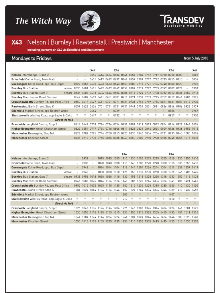 X43 Bus Timetable: Burnley to Manchester | PDF