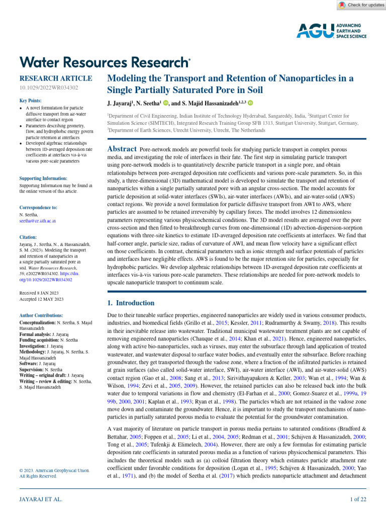 Water Resources Research - 2023 - Jayaraj - Modeling The Transport and ...