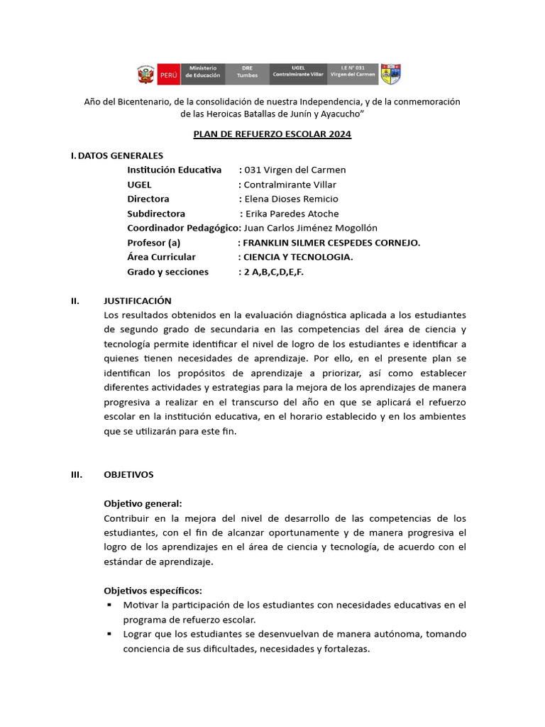 Plan De Refuerzo Escolar 2024 031 La Cruz Pdf