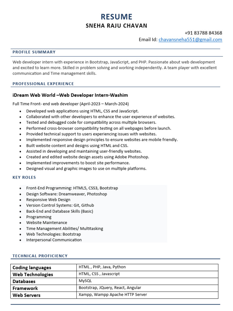 Sneha Resume Apr 2024 | PDF | World Wide Web | Internet & Web
