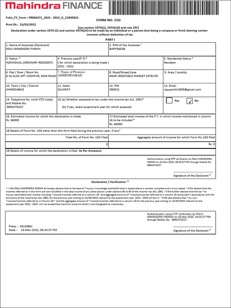 Form 15G Declaration Guide | PDF | Income Tax | Payments