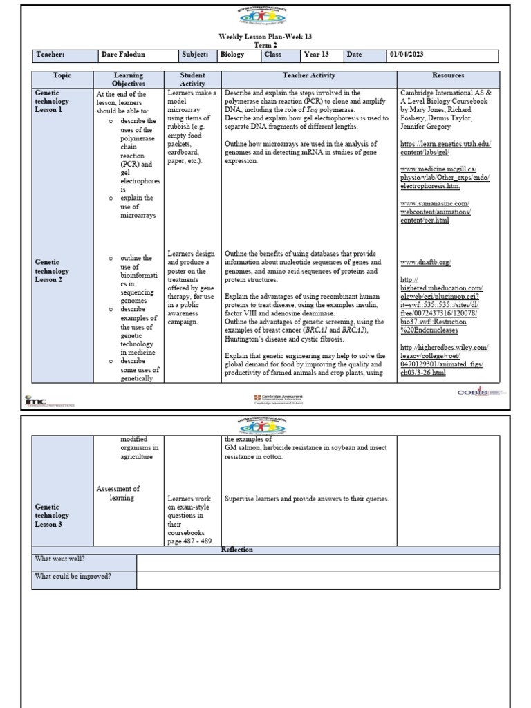 Biology Yr13 Weekly Lesson Plan-Week 13 | PDF | Polymerase Chain ...