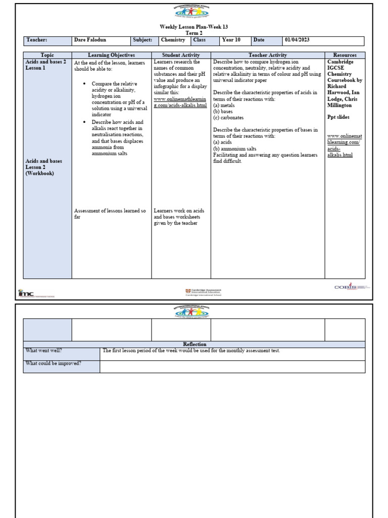 Chemistry Yr10 Weekly Lesson Plan-Week 13 | PDF | Acid | Ph
