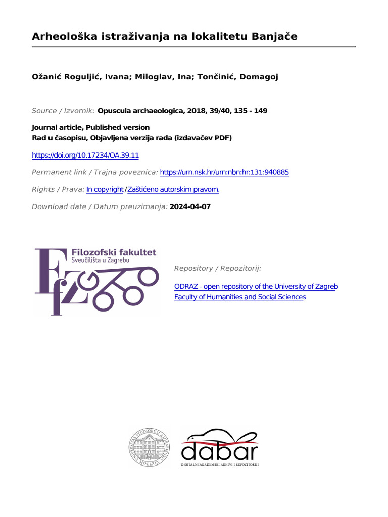 Ozanic Roguljic 2018 Arheoloska - Istrazivanja - Na - Lokalitetu ...