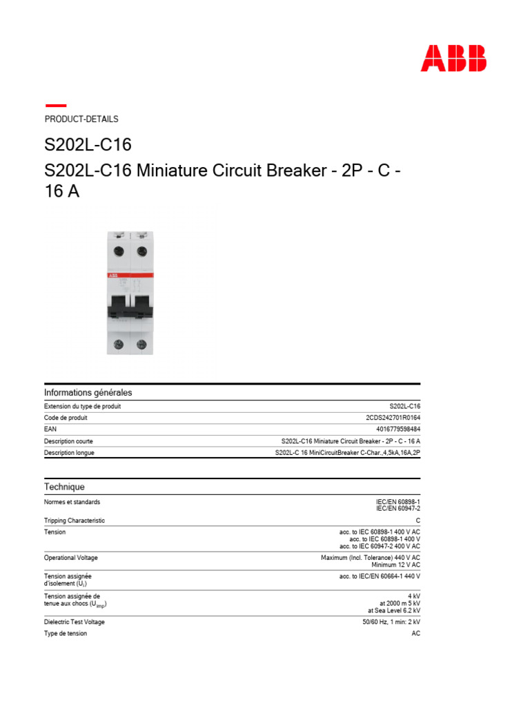 S202L-C16 Miniature Circuit Breaker - 2P - C - 16 A: Product-Details | PDF | Alternating Current ...