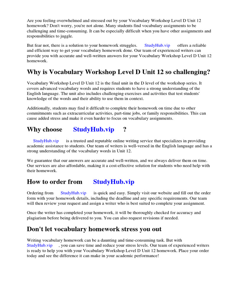 Vocabulary Workshop Level D Unit 12 Answers Homework Hawk | PDF ...