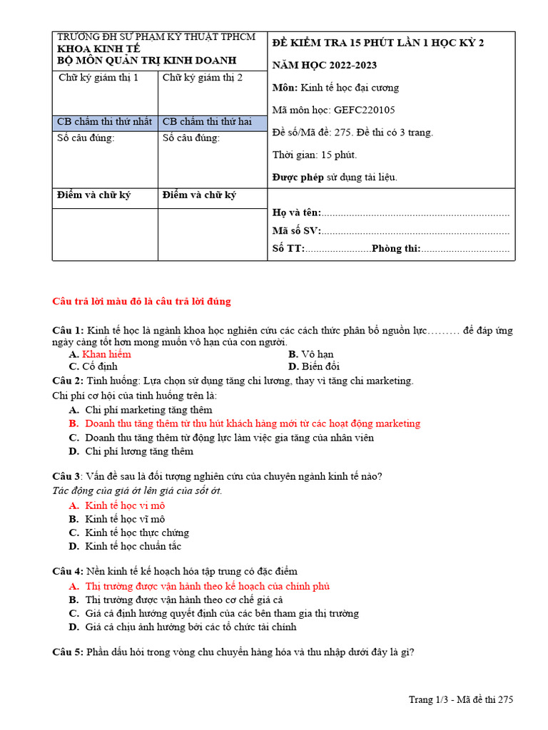 KTH ĐC - KT 01 - 15 phút - Mã đề 275 - Đáp án | PDF