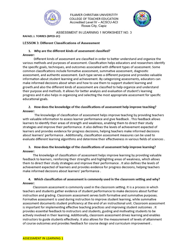 Rafael J. Torres (Bped-2C) LESSON 3: Different Classifications of ...