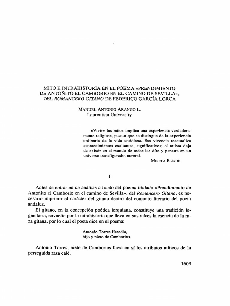 Mito e Intrahistoria en El Poema Prendimiento de Antonito El Camborio ...