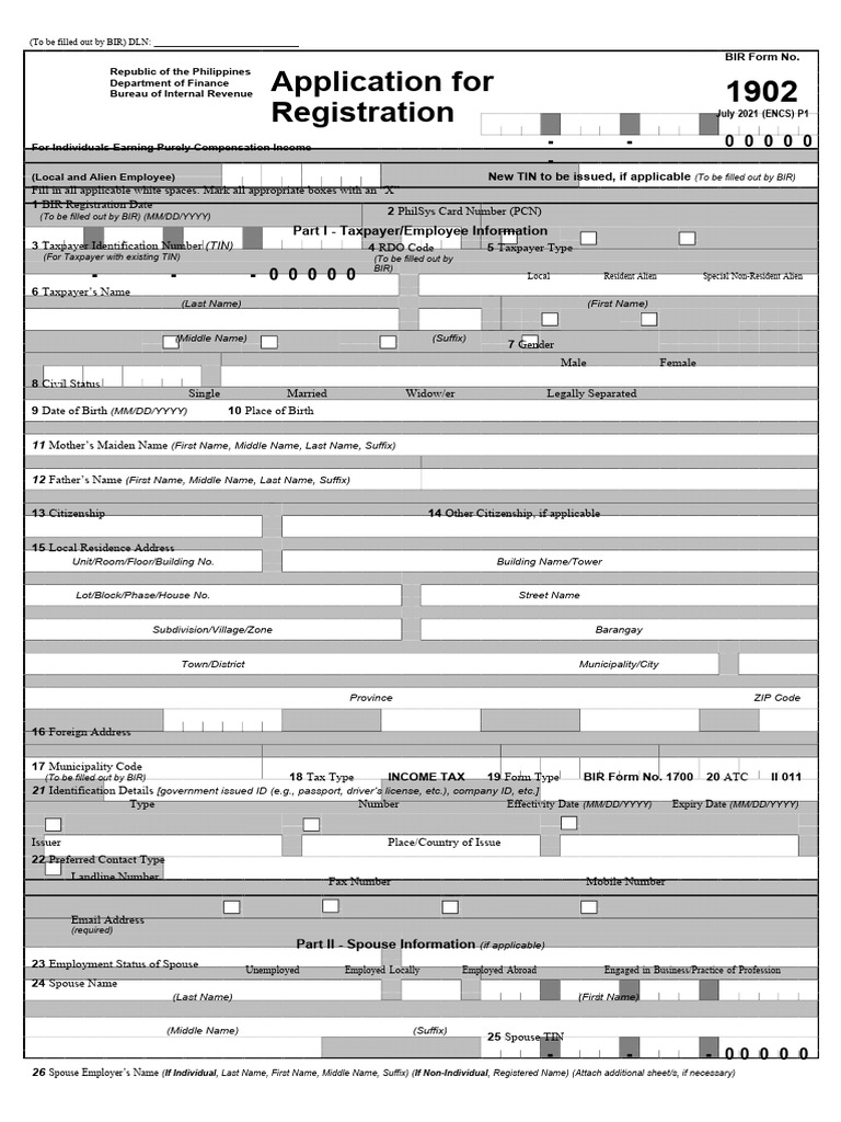 BIR Form 1902: Employee Registration | PDF | Identity Document | Employment