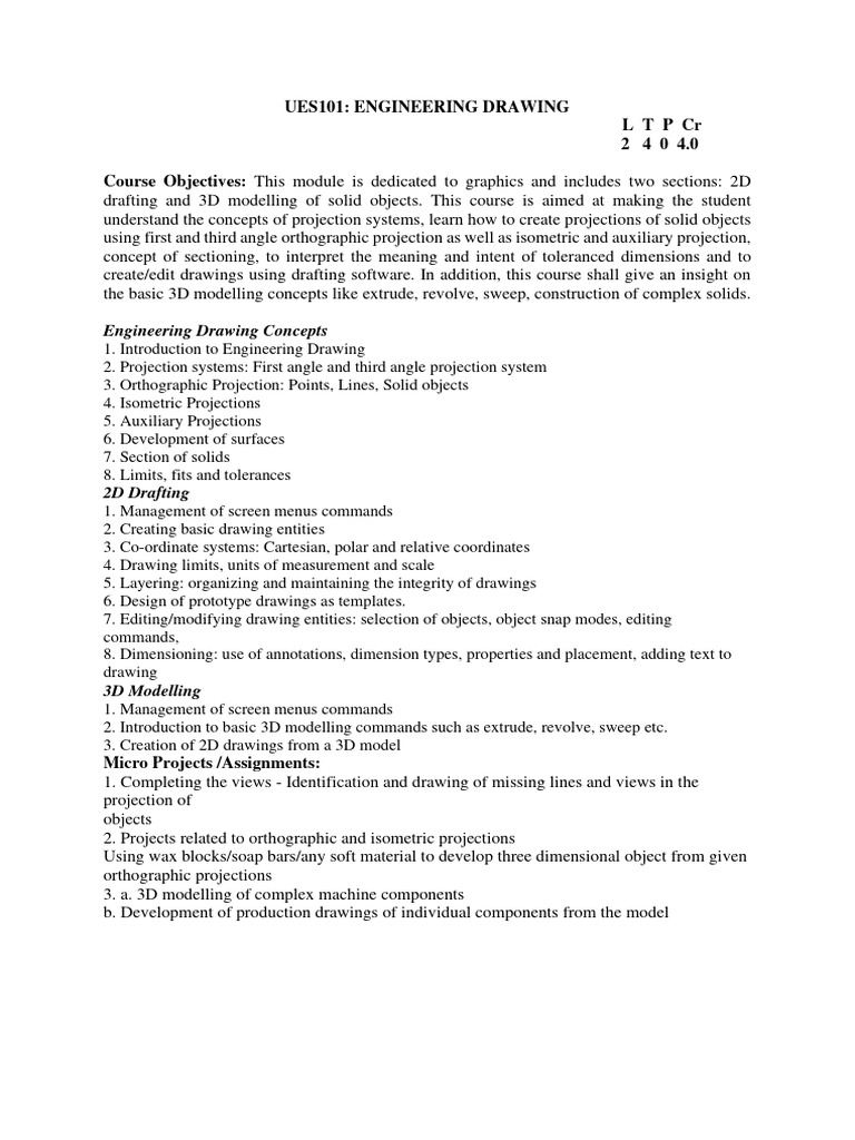 UES101 Engineering Drawing Syllabus | PDF | 3 D Computer Graphics | 3 D ...