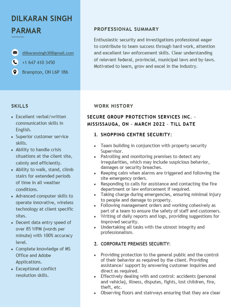 Dilkaran Singh Parmar - Security Resume | PDF | Police | Fire Safety