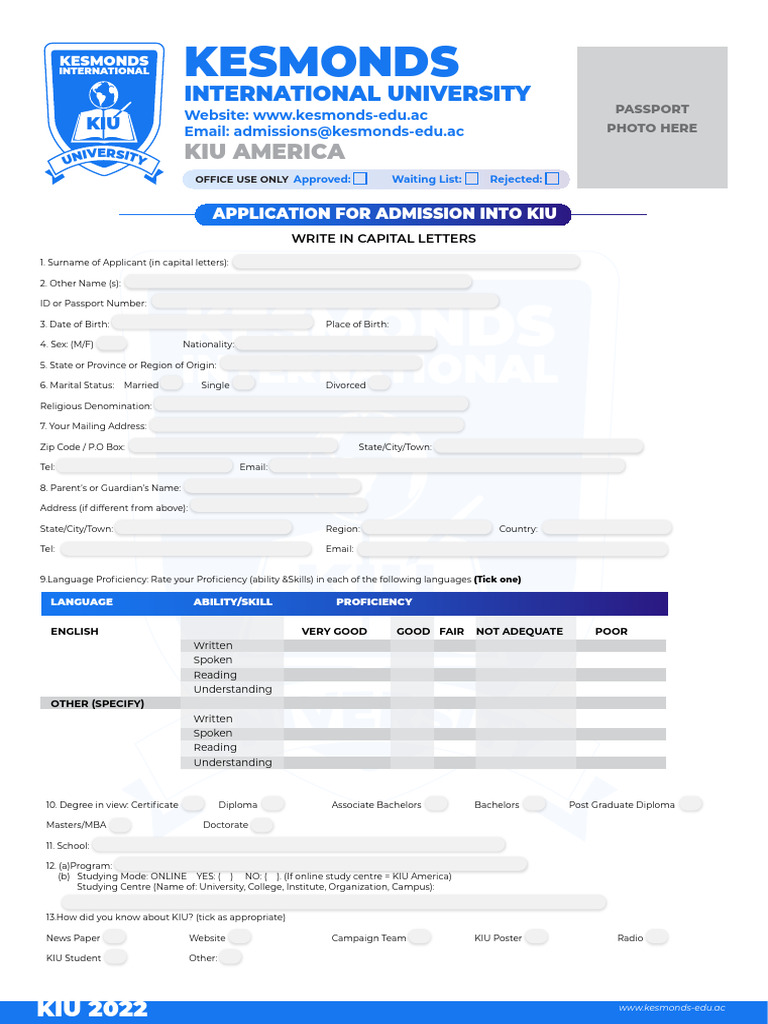 KIU Admission Application Form | PDF | University And College Admission ...