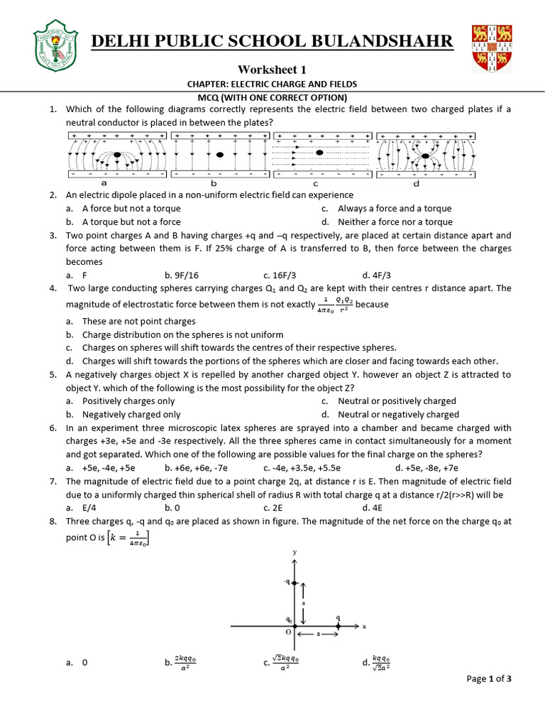 Worksheet 1 Xii | Download Free PDF | Electric Charge | Force