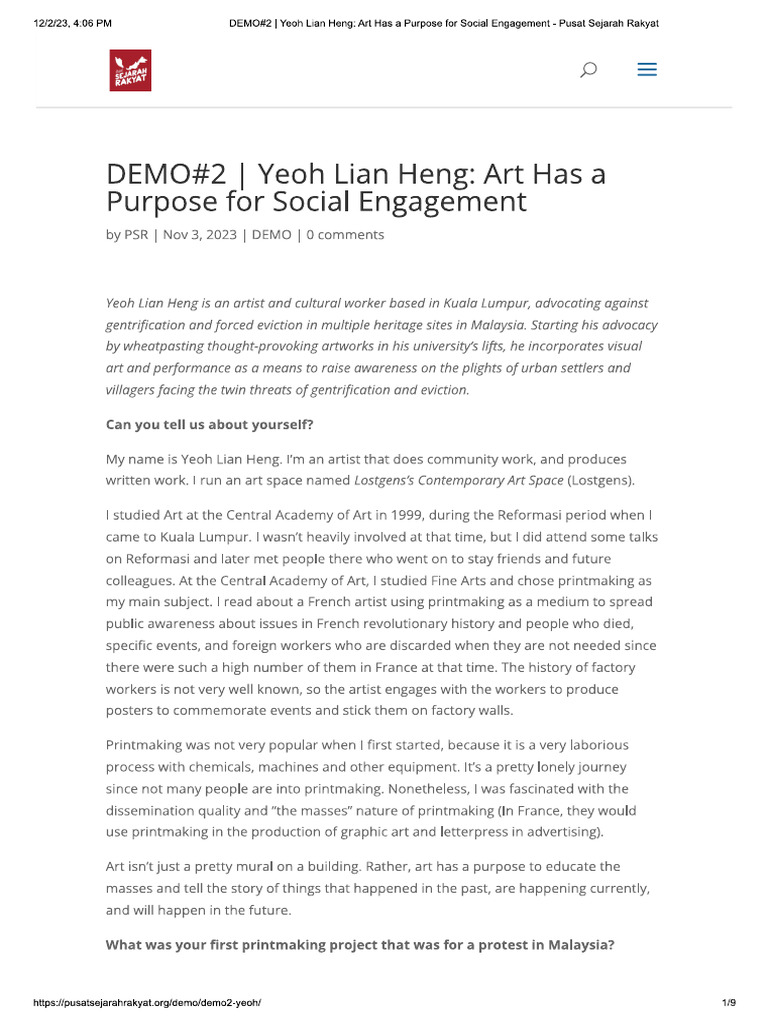 DEMO 2 - Yeoh Lian Heng Art Has A Purpose For Social Engagement | PDF