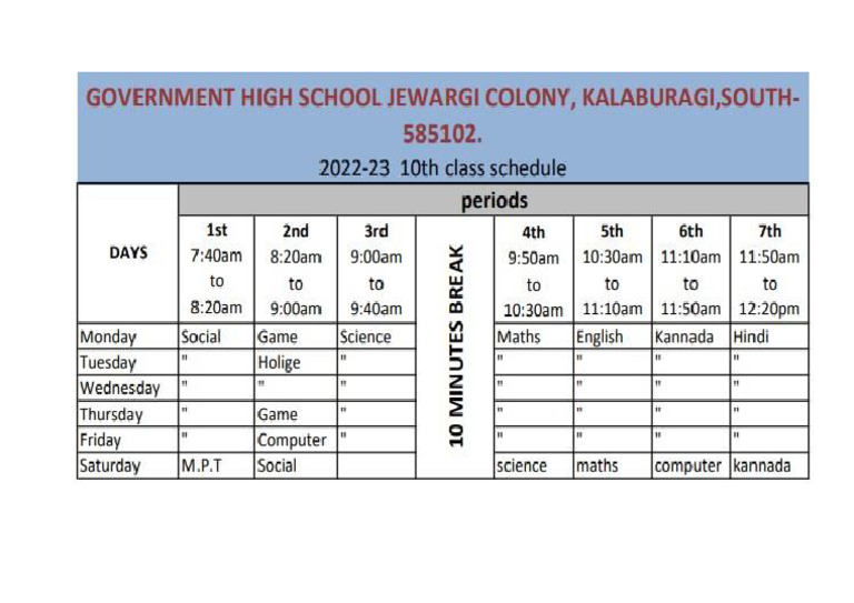GHS 2022-23 10TH STD Time Table | PDF