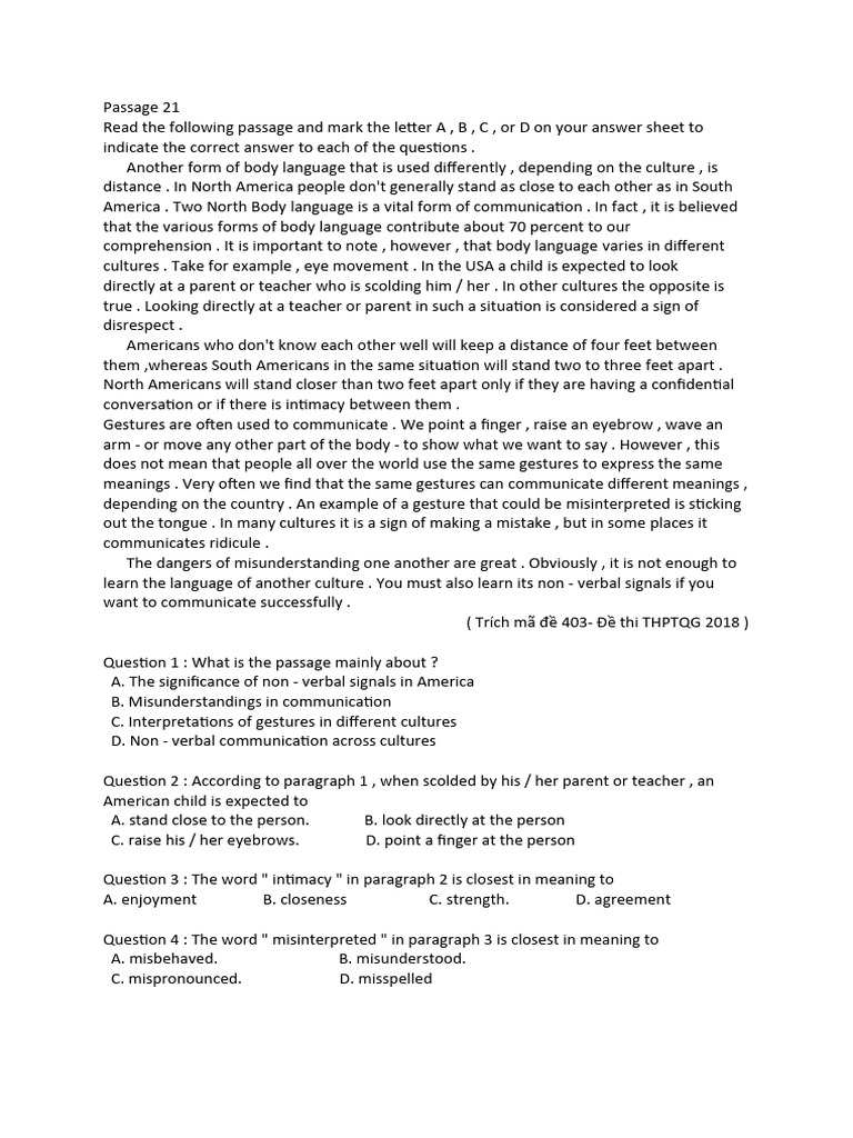 Passage 21 Bài Đọc Hiểu | PDF | Body Language | Gesture