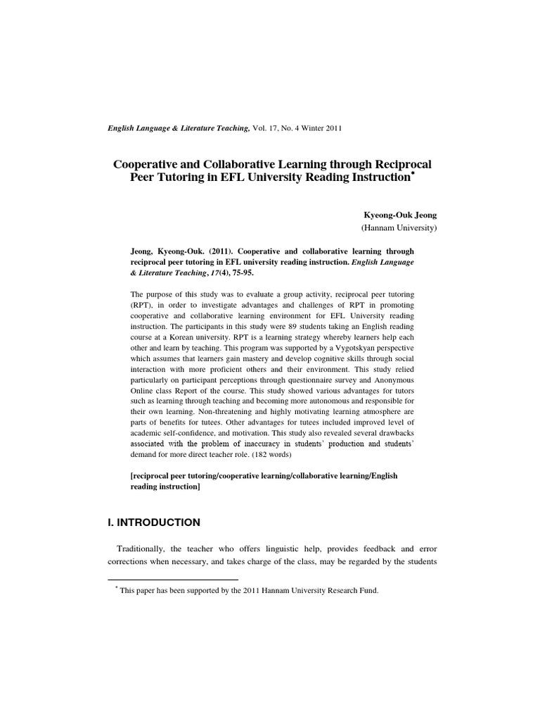 Cooperative and Collaborative Learning Through Reciprocal Peer Tutoring ...