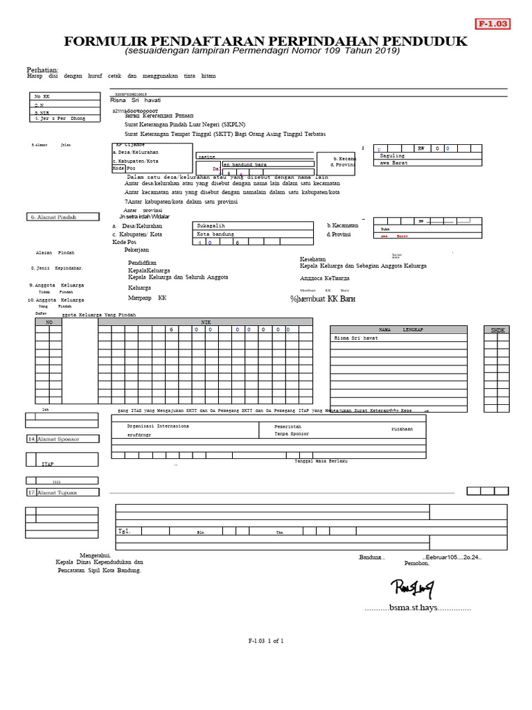 F-1.03 Formulir Pendaftaran Perpindahan Penduduk | PDF