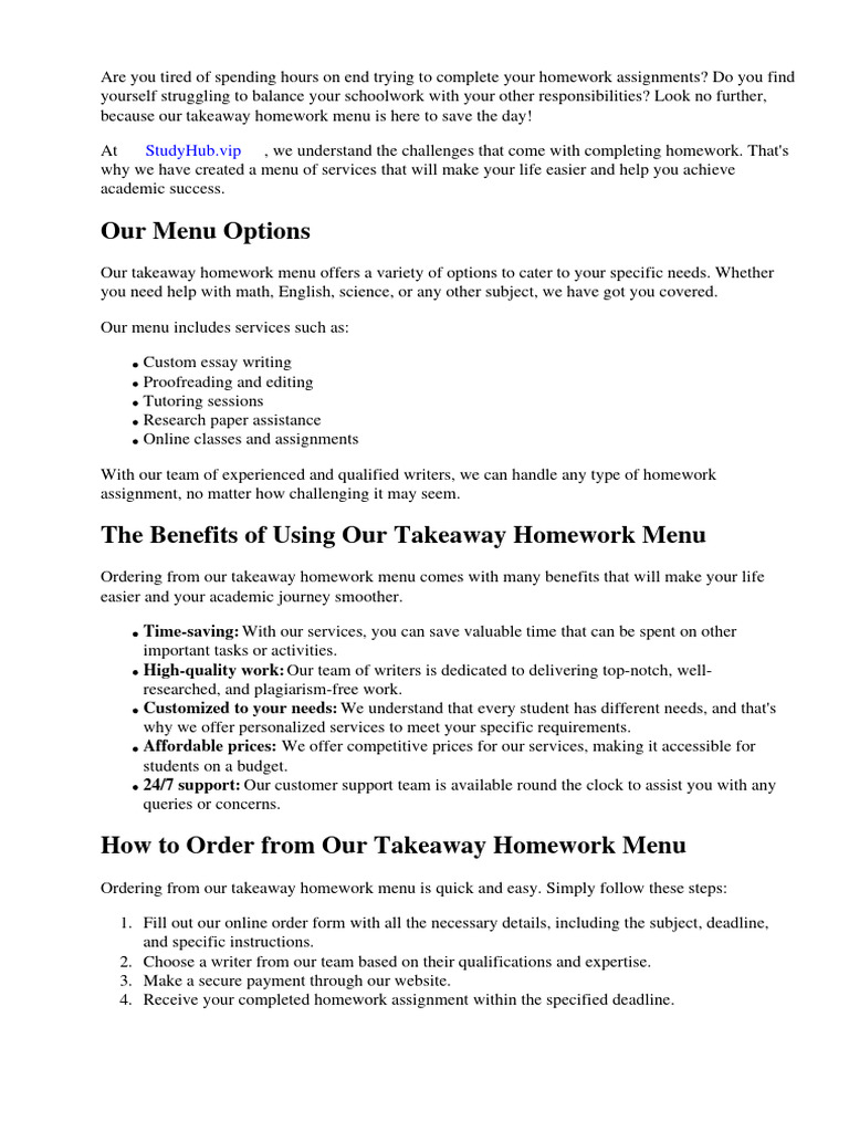 Takeaway Homework Menu | PDF | Facebook | Homework