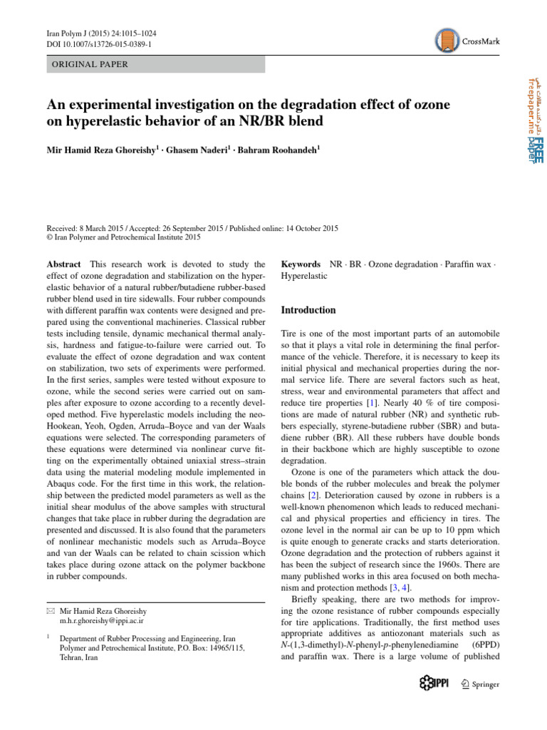 An Experimental Investigation On The Degradation Effect of Ozone On Hyperelastic Behavior of An ...