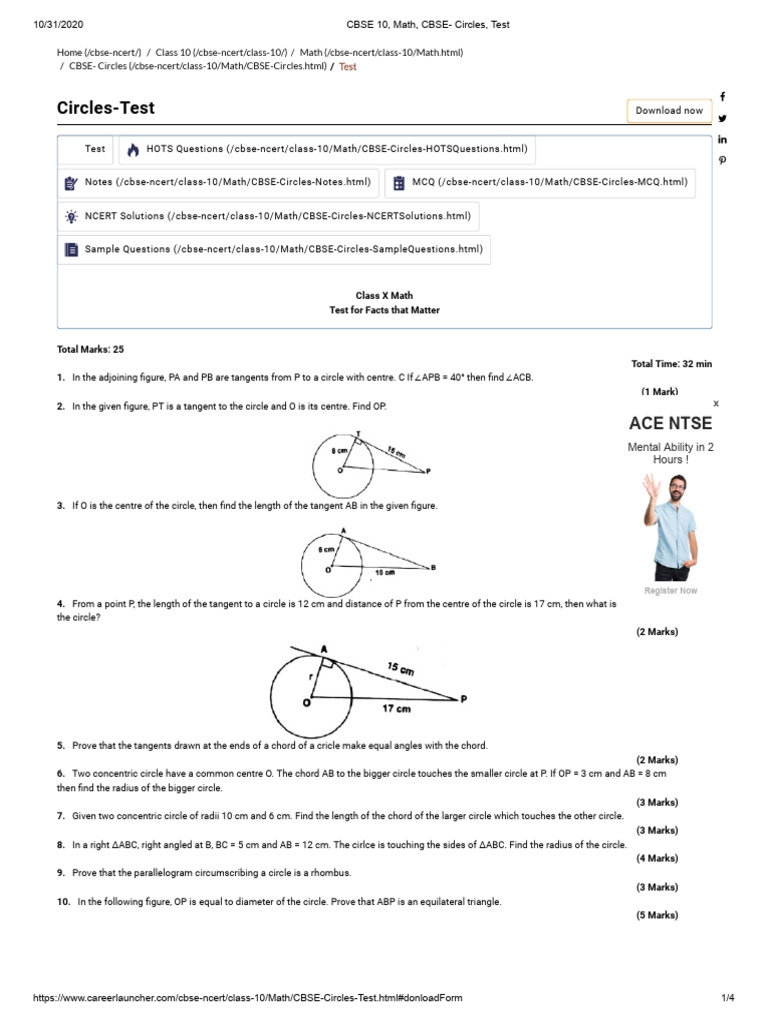Circles Test | PDF | Circle | Area