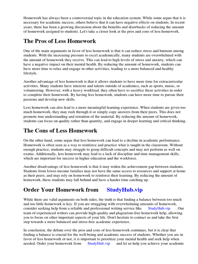 Pros and Cons of Less Homework | PDF | Homework | Learning