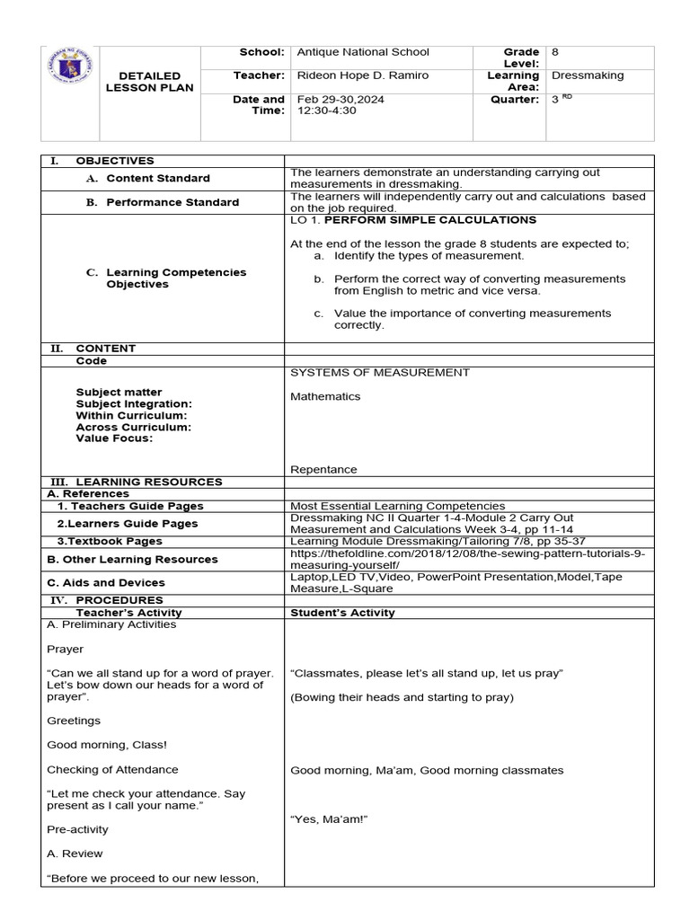 DETAILED LESSON PLAN Systems of Measurements | PDF | Inch | Measurement