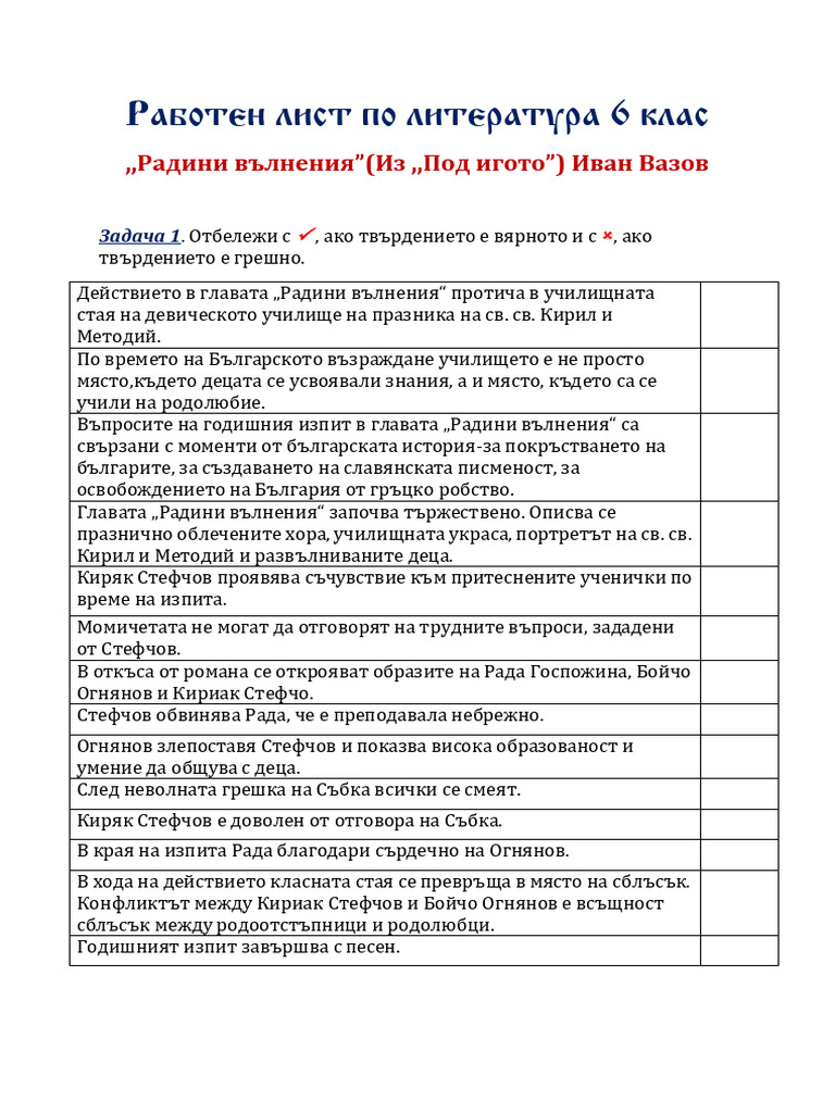 Работен лист по литература 6 клас Радини вълнения Pdf
