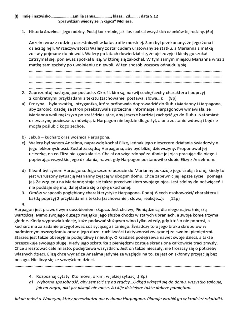 Sprawdzian Ze Skąpca ( | PDF