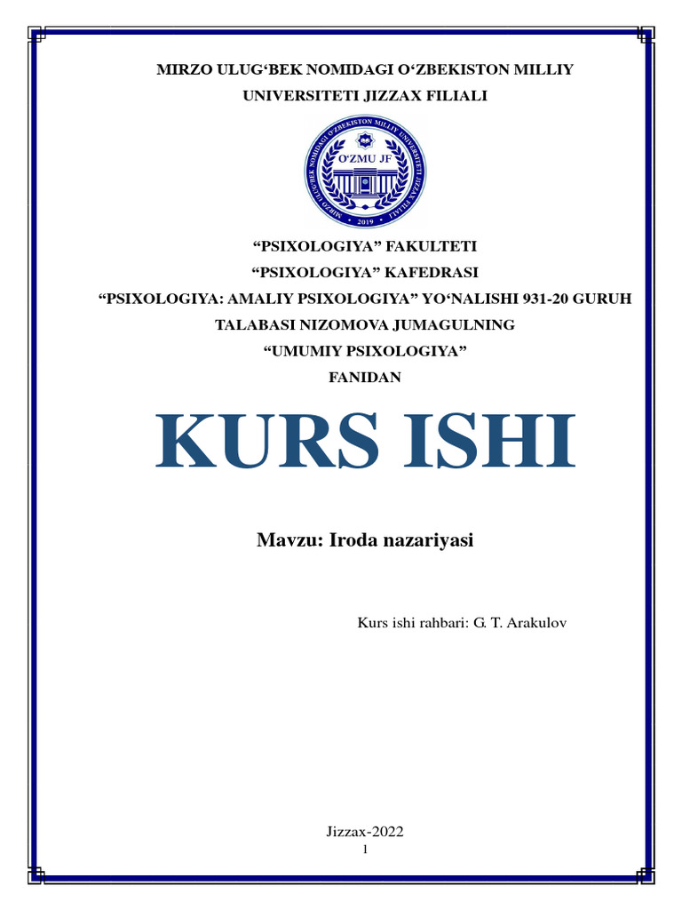 Kurs Ishi: Mirzo Ulug Bek Nomidagi O Zbekiston Milliy Universiteti Jizzax Filiali | PDF