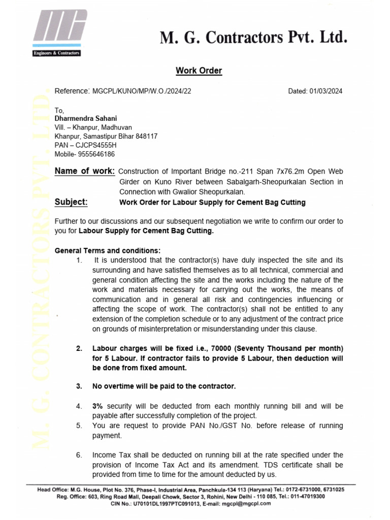 Work Order No. 22 Dharmendra - 090953 | PDF | Employment | Taxes