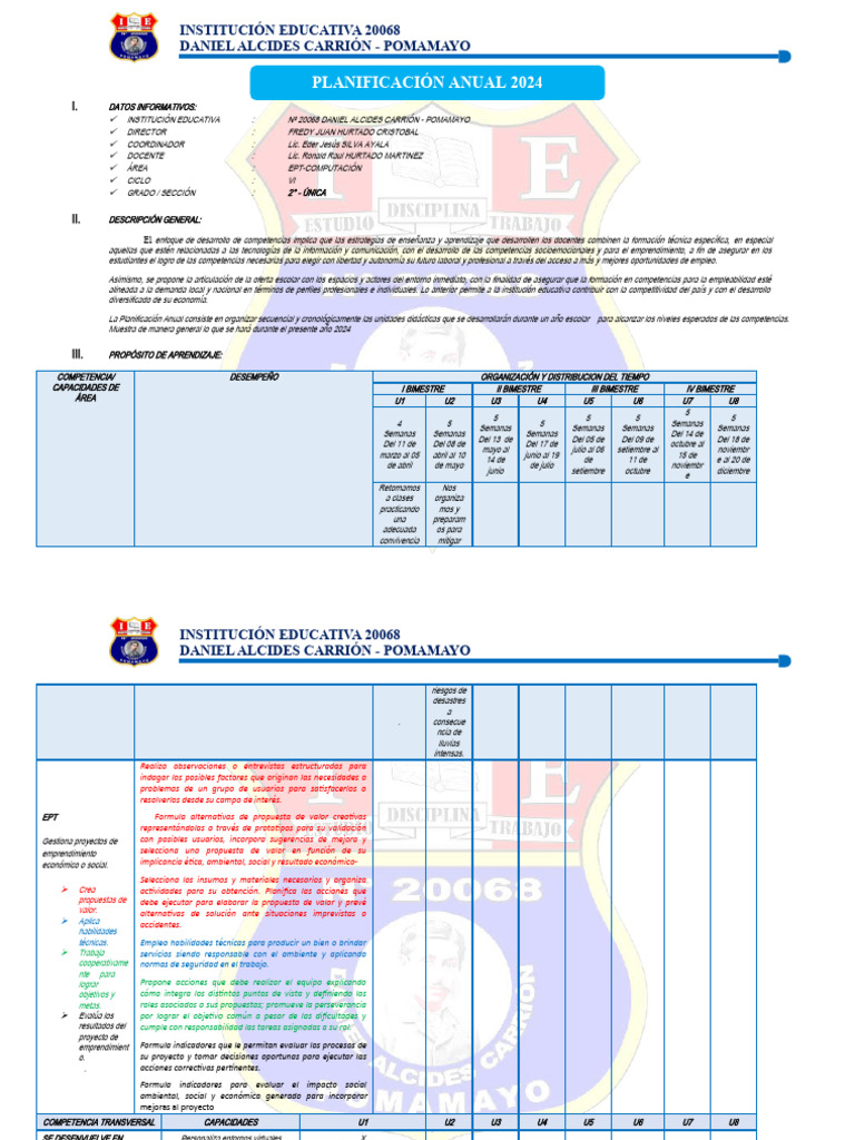 Planificación Anual 2024 SEGUNDO - EPT | Descargar gratis PDF | Aprendizaje | Igualdad de género
