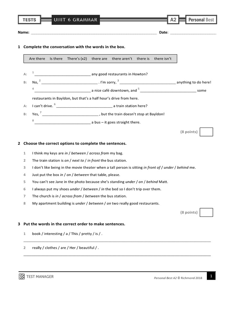 Personal Best A2 Unit 6 Grammar Test | PDF