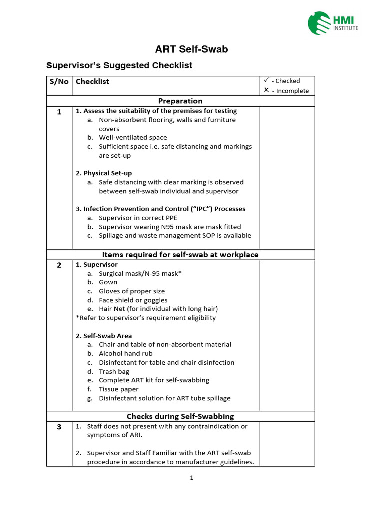Self Swab Supervisor Checklist | PDF
