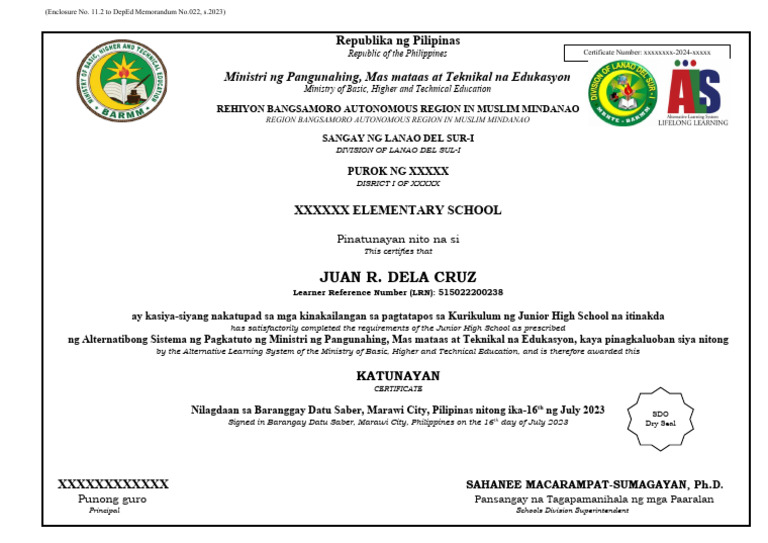 School-Based Als El (Grade-6) Certificate | PDF | Philippines